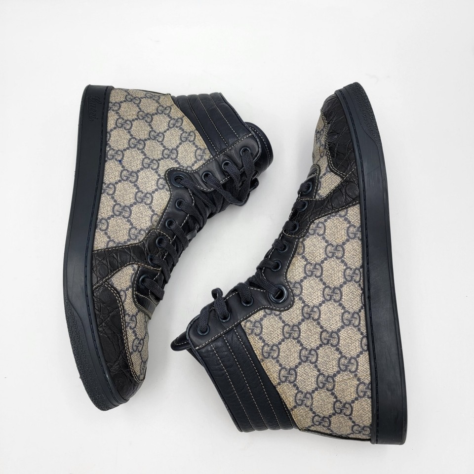 Gucci Men's GG Monogram Canvas Black Navy High Top Sneakers Gucci 7 US ...