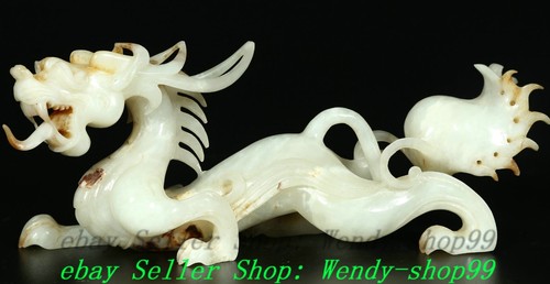 10" Old Han Dynasty Natural Hetian Jade Carve Feng Shui Dragon Animal ...