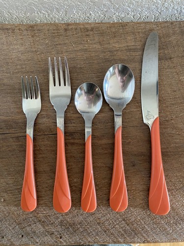 Vintage 5 piece Set Fiesta Swirl Persimmon Stainless Flatware Place ...