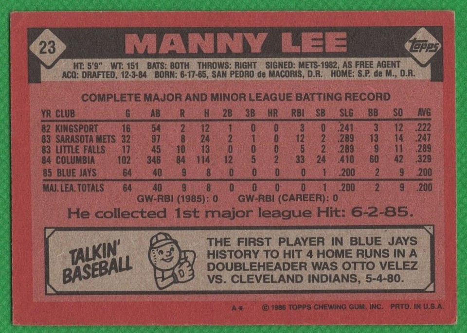 Manny Lee - 1986 Topps #23 - Toronto Blue Jays Baseball Card | eBay