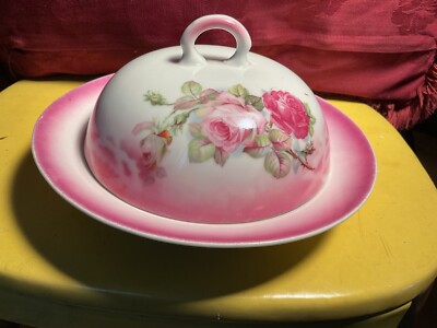 Antique OG Otto Grunert Porcelain DOME COVERED Butter Dish Pink Roses ...
