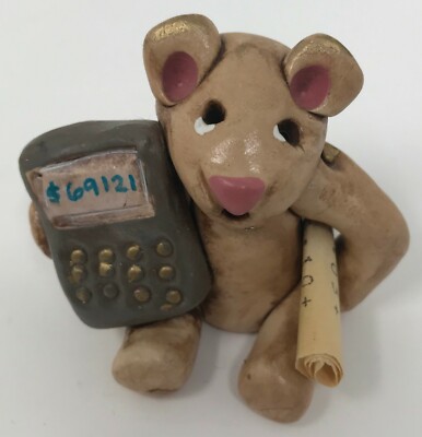 BEAR ACCOUNTANT With Calculator Ceramic CLAY FIGURE Hand Made Signed ...