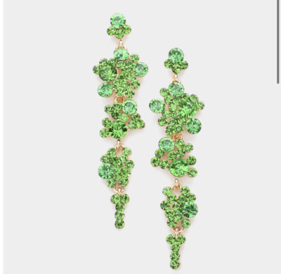 Light Green Earrings Peridot Gold Long Rhinestone Crystal Pageant ...