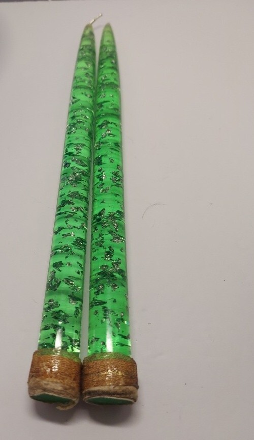Pair Green Acrylic Lucite Taper Candle Foil Confetti 12" Candlesticks ...