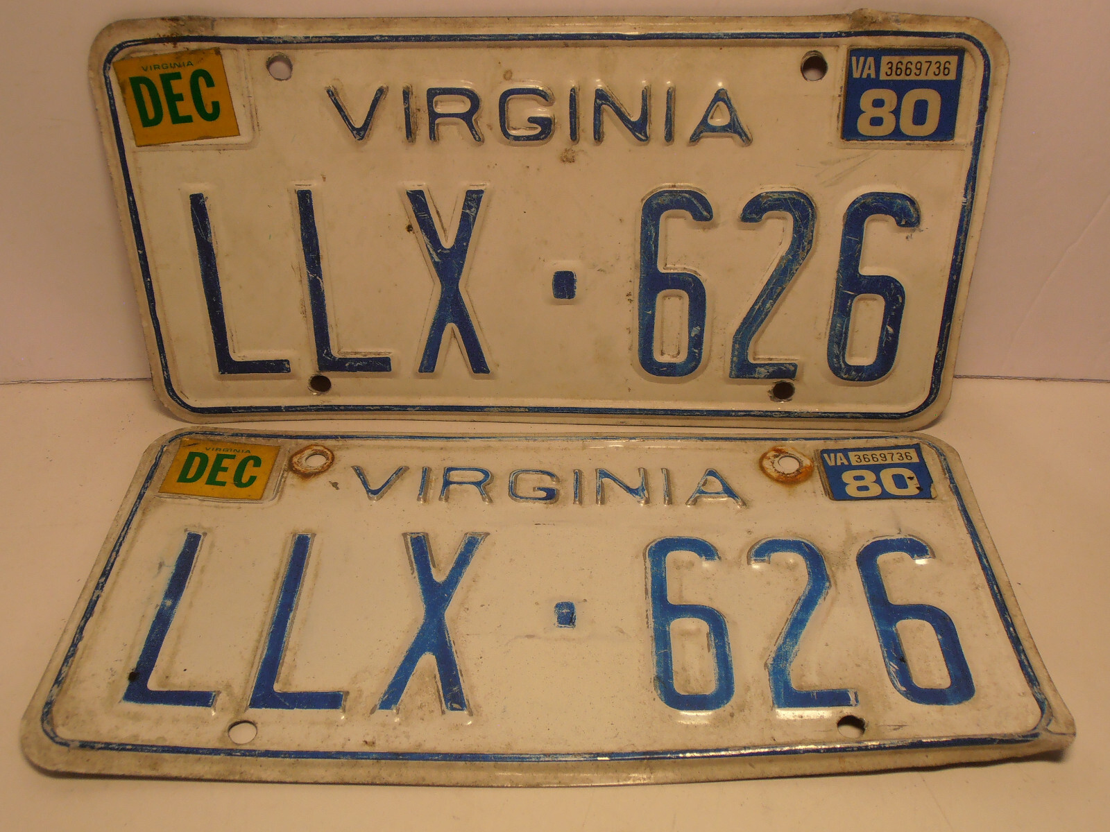 1980 Virginia License Plate LLX626 Set Blue on White Expired 12/31/1980 ...