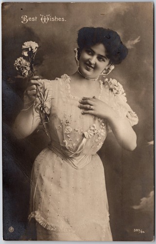 1908 Best Wishes Beautiful Lady Portrait Holding White Flower Posted ...