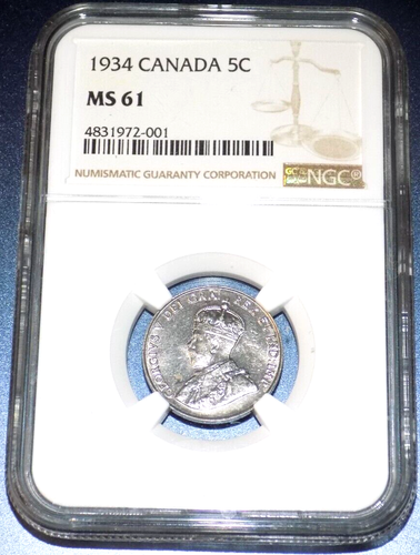 1934 Canada Five Cents NGC MS 61 UNCIRCULATED 5C Canadian UNC Certified ...