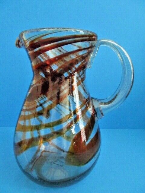 HAND BLOWN LARGE GLASS PITCHER WITH ORANGE ABSTRACT SWIRL 10.5"TALL ...
