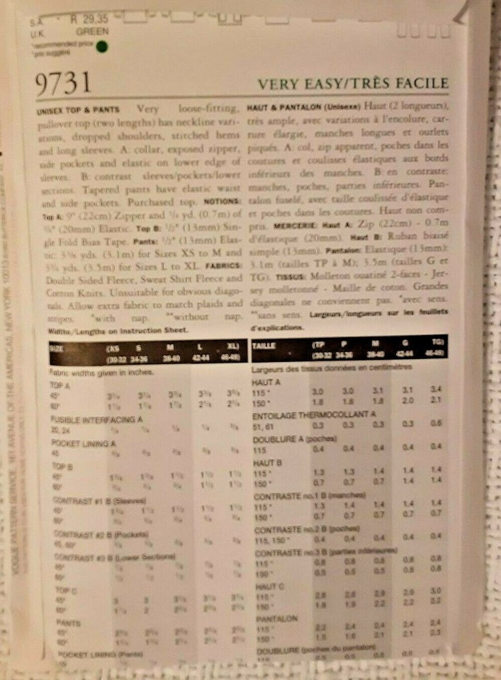 Vogue Patterns Sewing Craft Pattern 9731 Unisex Top & Pants New Uncut ...