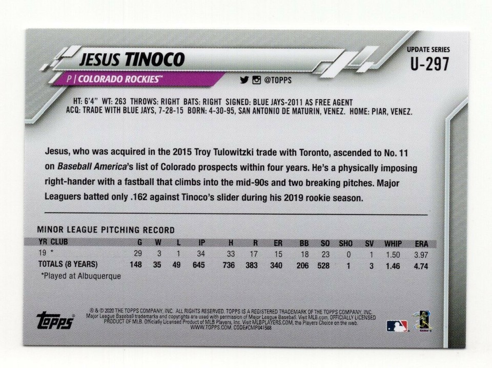 2020 Topps Update Baseball #U-297 Jesus Tinoco Rookie Card | eBay