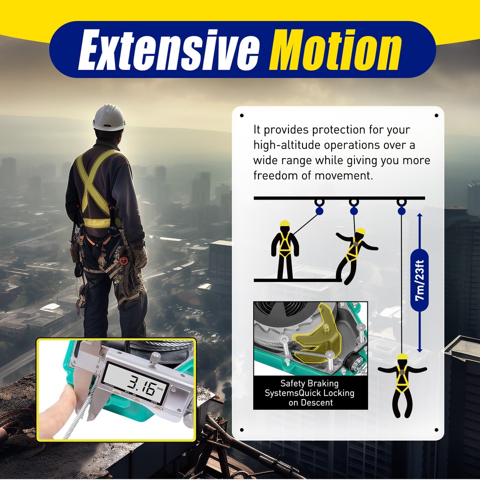 Fall Protection Self-Retracting Lifeline Lanyard 23FT + Locking Hook ...