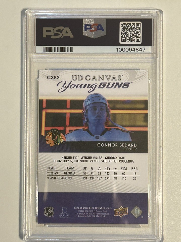 2023 UPPER DECK #C382 CONNOR BEDARD YOUNG GUNS CANVAS ROOKIE RC PSA 9 ...