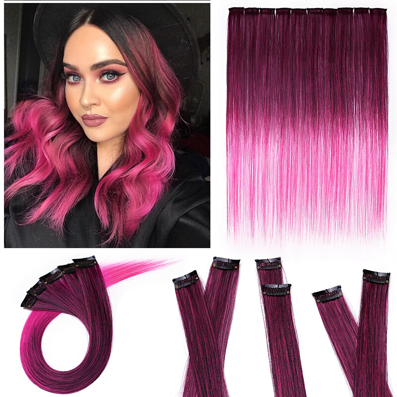 10PCS 20" Multi Pink Colour Clip In Highlight Streaks Hair Extensions ...