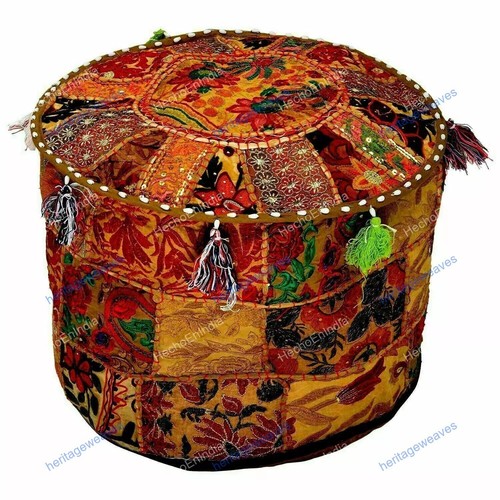 Indian Vintage Embroidered Floral Ottoman Pouf Footstool Ethnic Decor ...