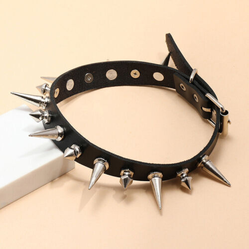 Long Spike Choker Punk Faux Leather Collar Goth Style Necklace ...