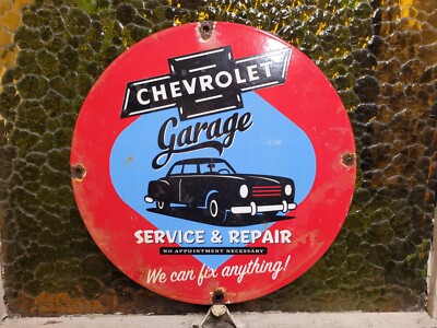VINTAGE CHEVROLET PORCELAIN SIGN GARAGE SERVICE REPAIR CHEVY DEALER CAR ...