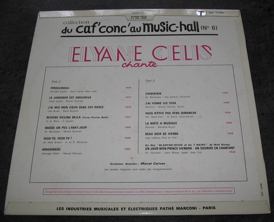 Elyane Célis - du Caf'Conc' au Music-Hall - disque 33T - TBE++ Prix ...