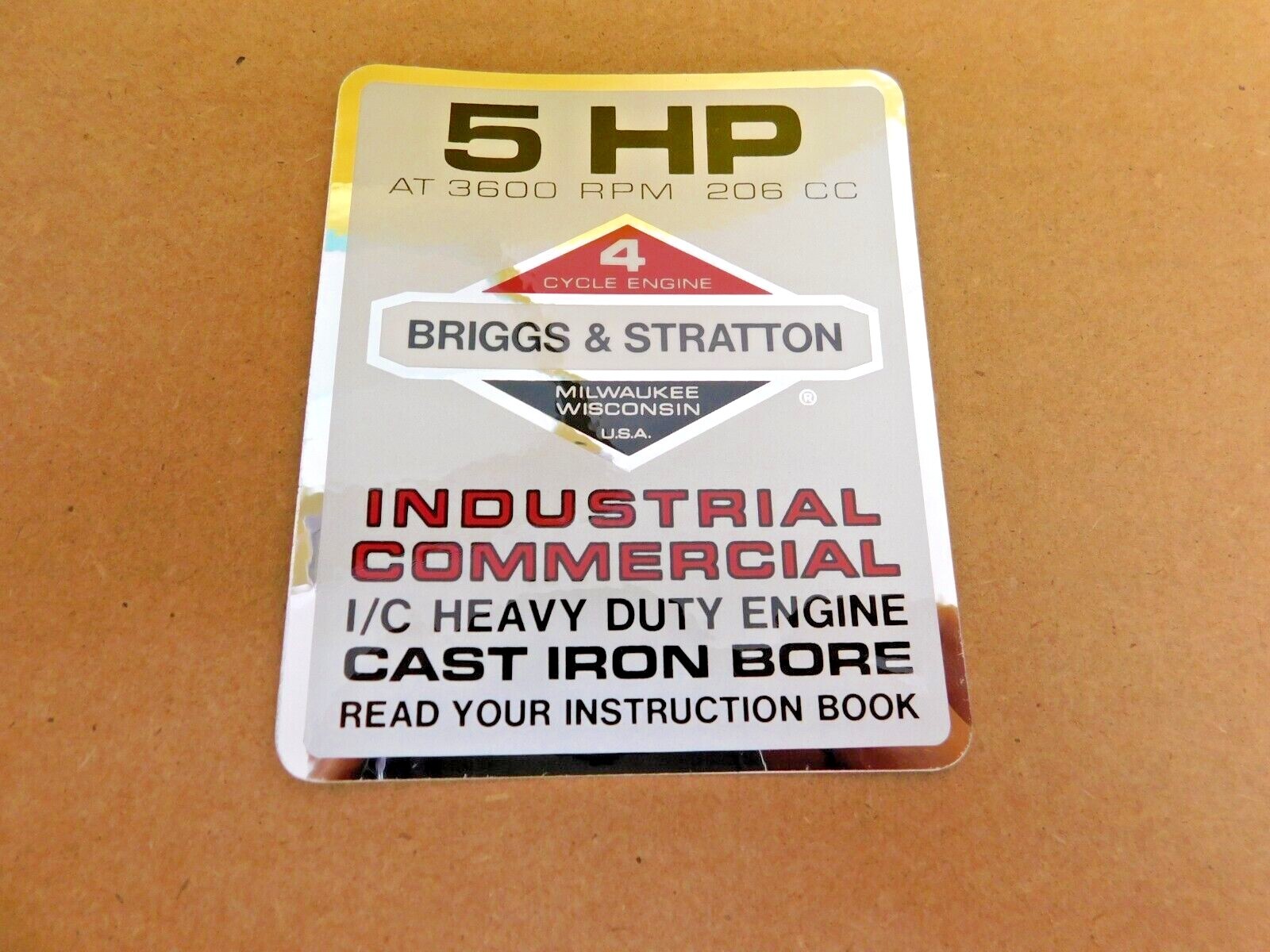 VINTAGE BRIGGS & STRATTON STICKER DECAL 5 HP 3600 RPM 206CC --- BAY 200 ...