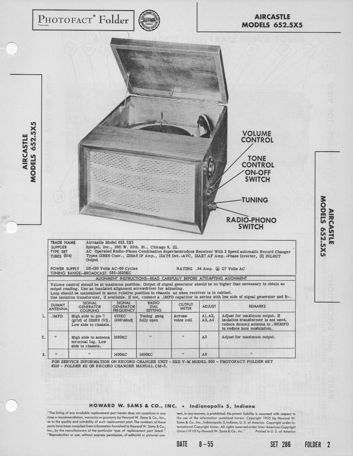 1955 AIRCASTLE 652.5X5 PHONOGRAPH RADIO SERVICE MANUAL PHOTOFACT ...