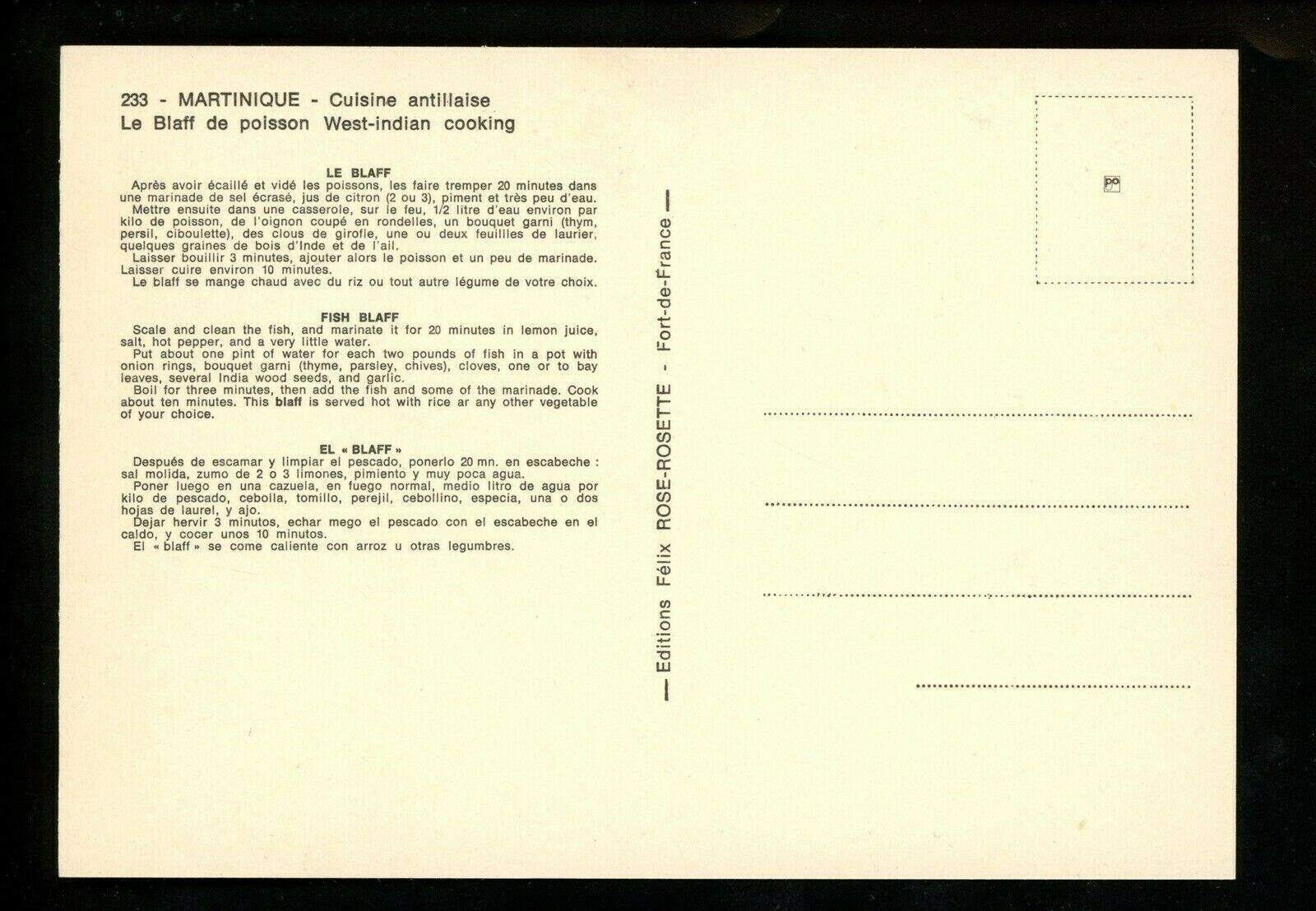 Recipe postcard WW Fish Blaff Le Blaff de Poisson Martinique | eBay