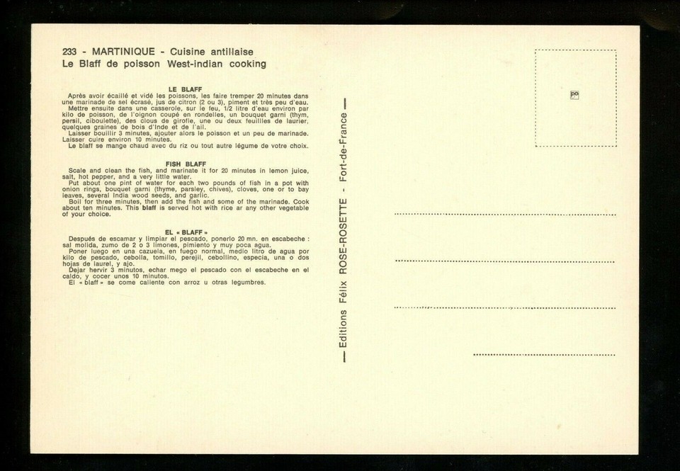 Recipe postcard WW Fish Blaff Le Blaff de Poisson Martinique | eBay