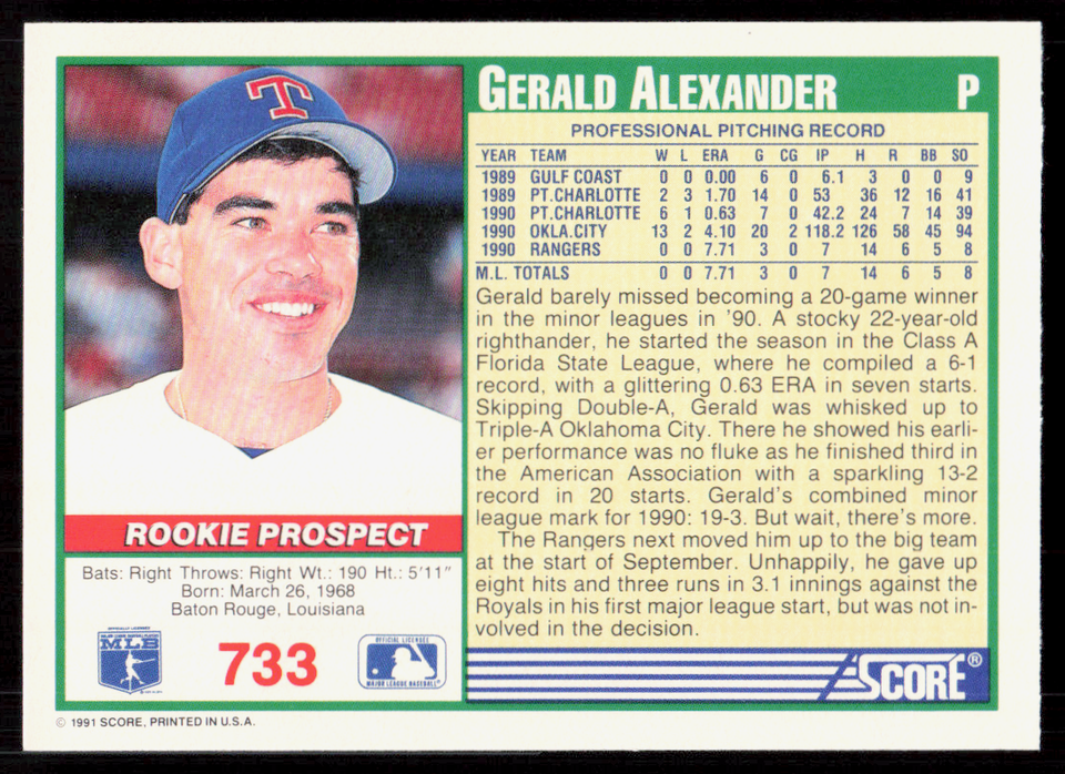 1991 Score 733 Gerald Alexander Texas Rangers | eBay