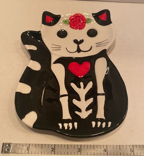 Sugar Skull Skeleton Cute Cat Kitten Trinket Ceramic Plate Day of the ...