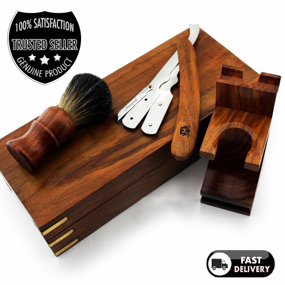 Barber Shaving Set Pure Badger Brush, Straight Cut Razor Stand & Wooden ...