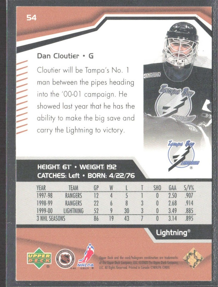 Dan Cloutier 2000-01 Upper Deck Black Diamond #54 Tampa Bay Lightning ...