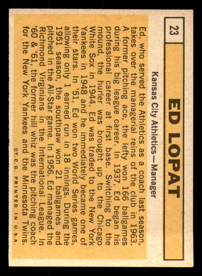 1963 Topps #23 Ed Lopat MG Excellent+ Athletics MG ID:322015 | eBay