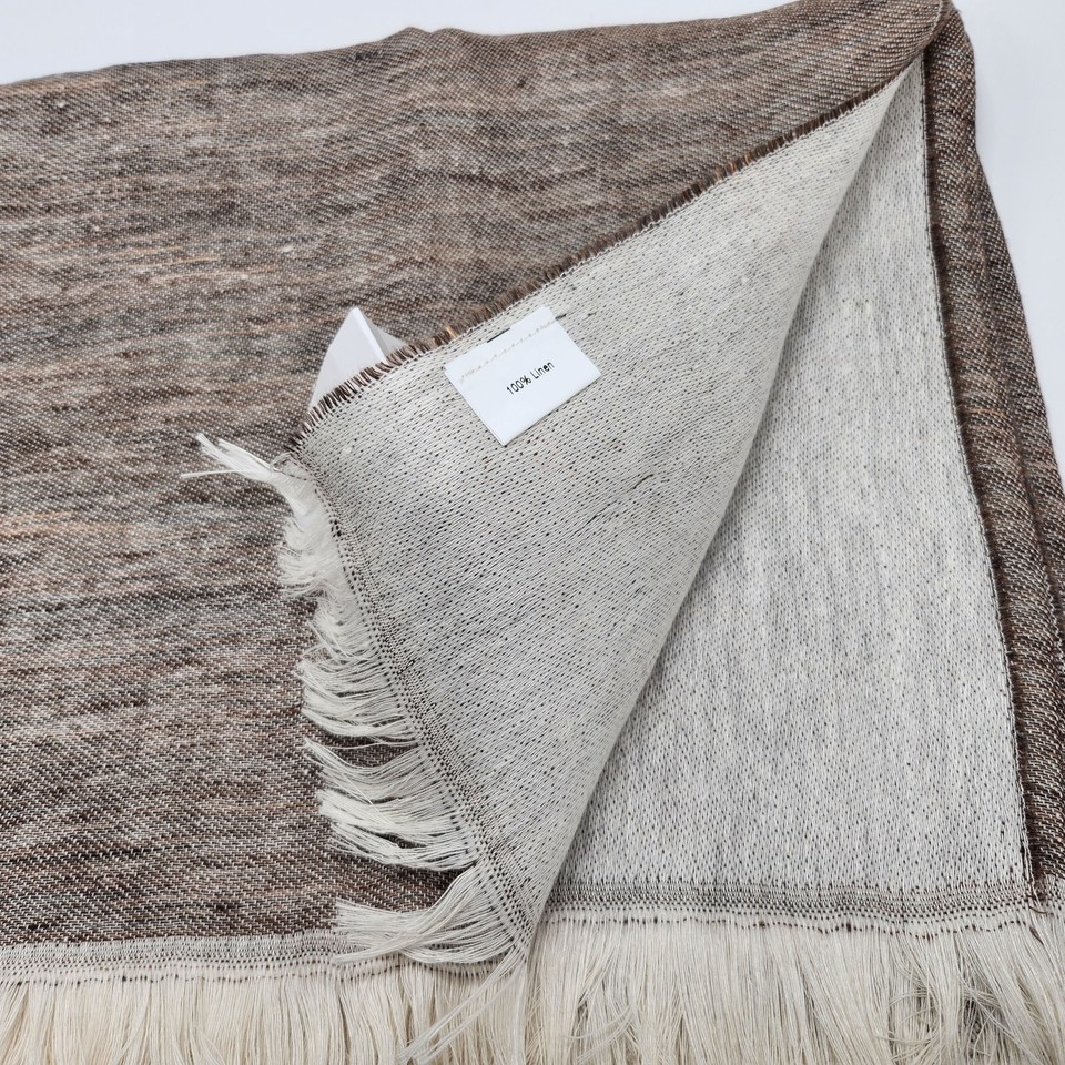 Sferra Taupe Linen Throw Blanket Fringed Woven Linear Design Oversized ...