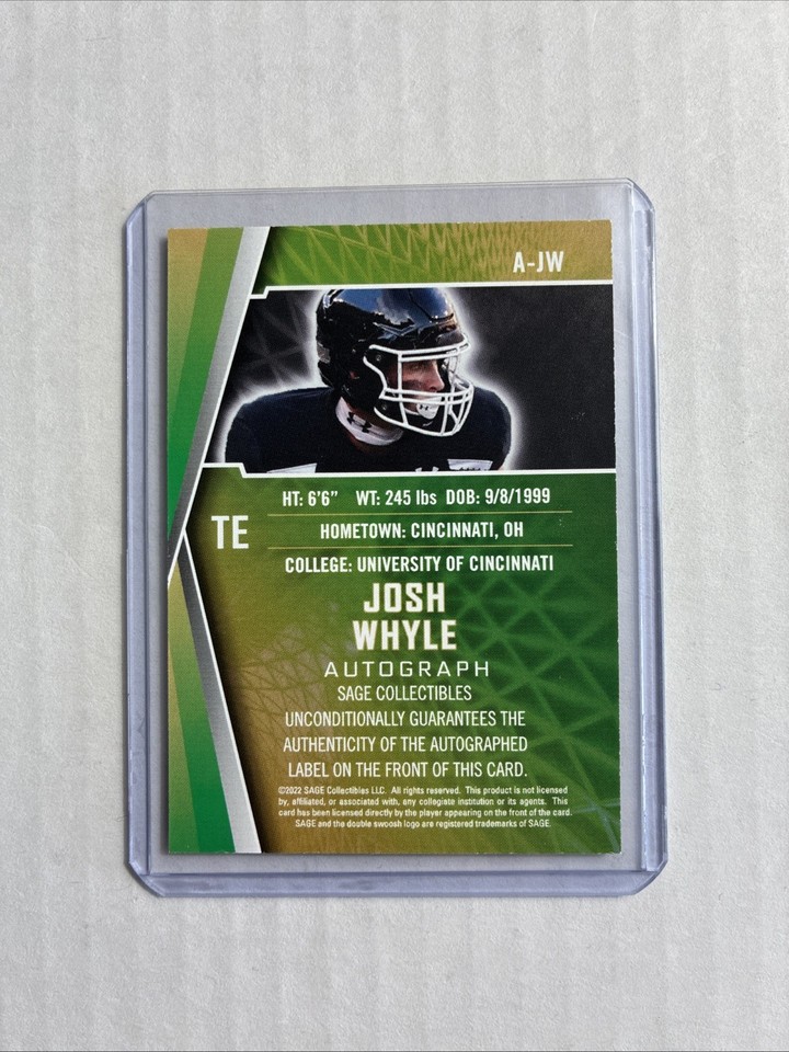 2022 Sage Football- Josh Whyle Auto Rookie Rc Green Sp | eBay