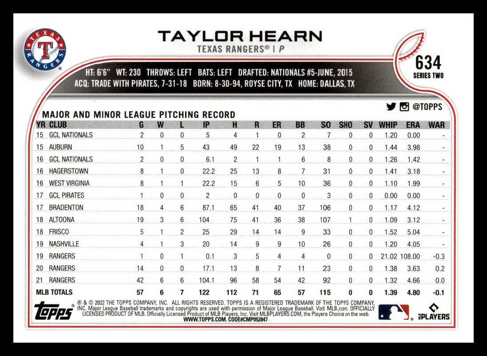 2022 Topps Taylor Hearn #634 Texas Rangers GOLD STAR | eBay