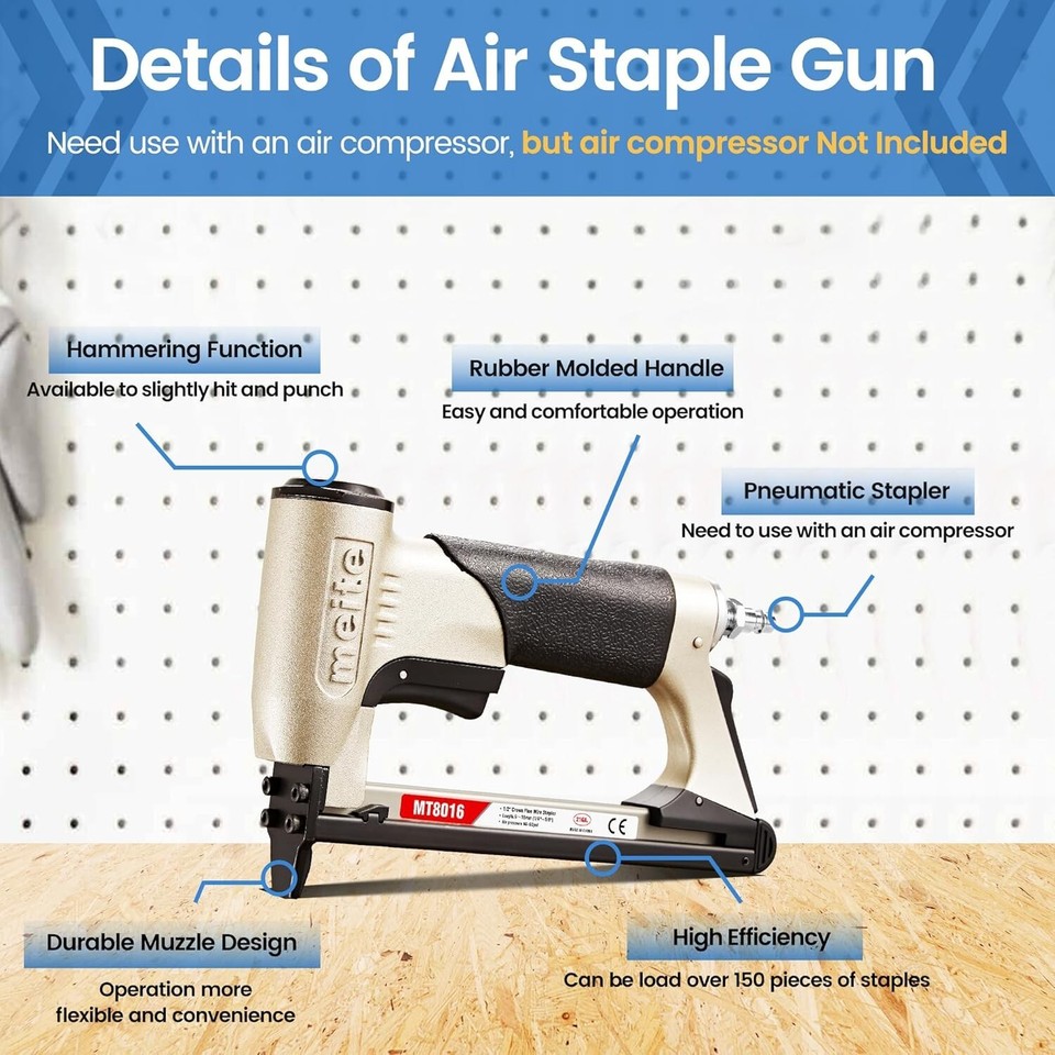 meite MT8016 Pneumatic Staple Gun 21 Gauge 1/2 inch Crown 1/4" to 5/8 ...