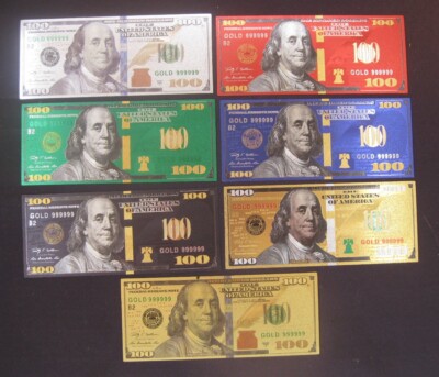 7 Different New Style 24K Foil $100 Bills in Color From Gold to Silver ...