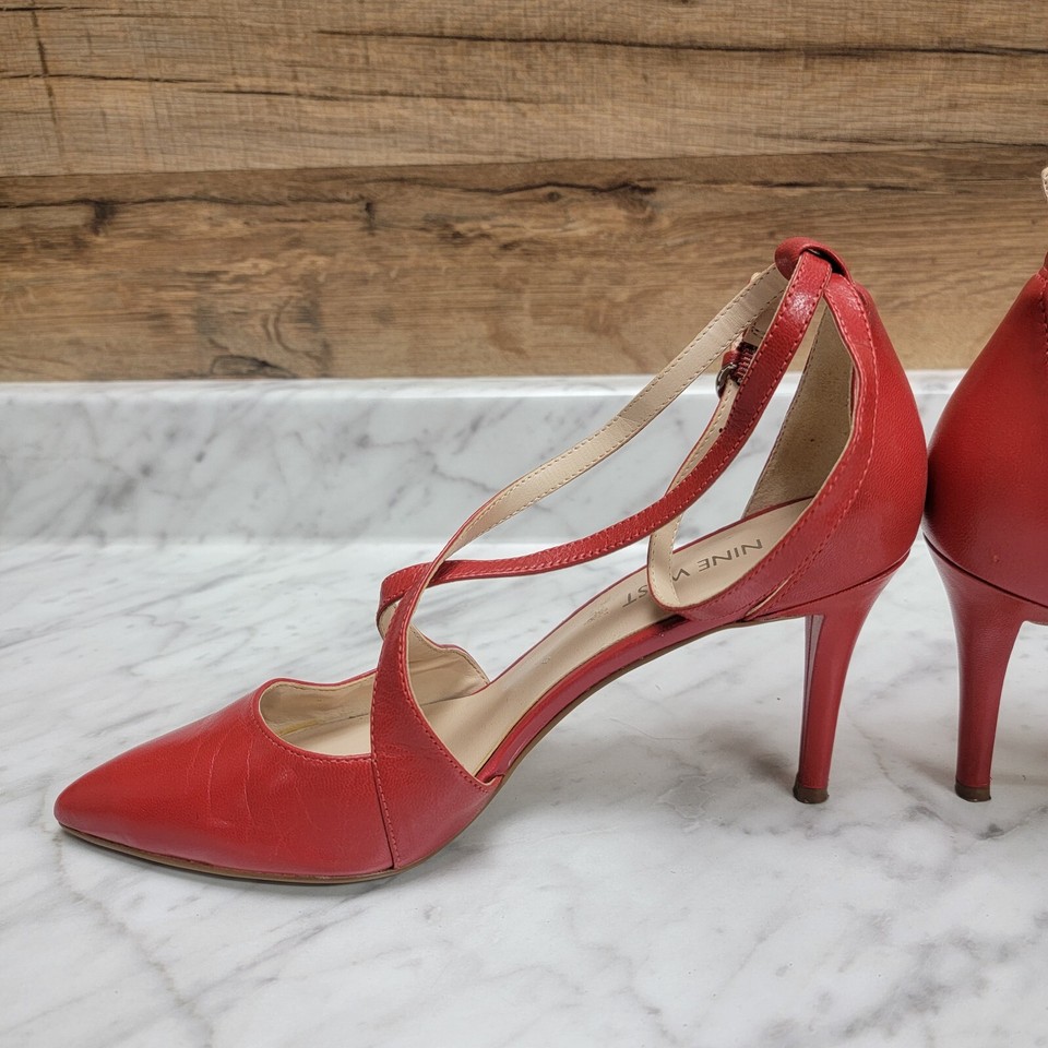 Womens sz 7 M Nine West Peace Sign Strappy Pointy Toe Pumps Shoes Red ...