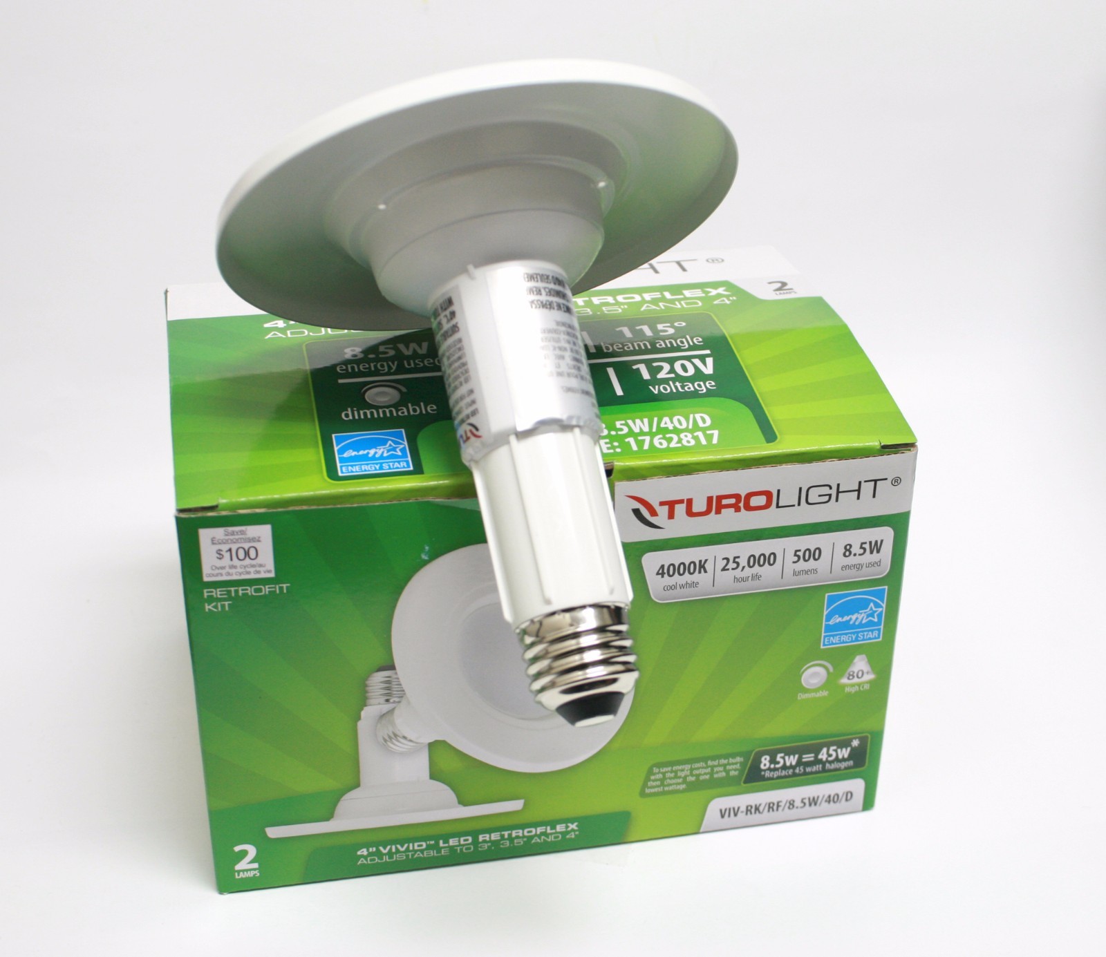 2 Adjustable Turolight 4" LED 120V 8.5W replace 45W 500 Lm 4000K White ...