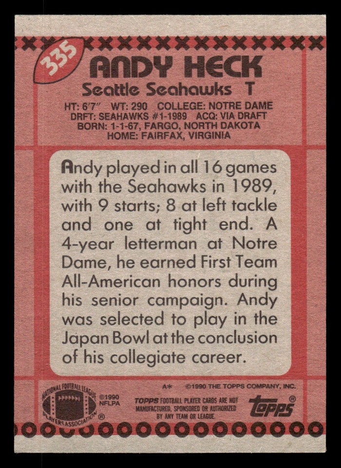 1990 Topps #335 Andy Heck Card Seattle Seahawks | eBay