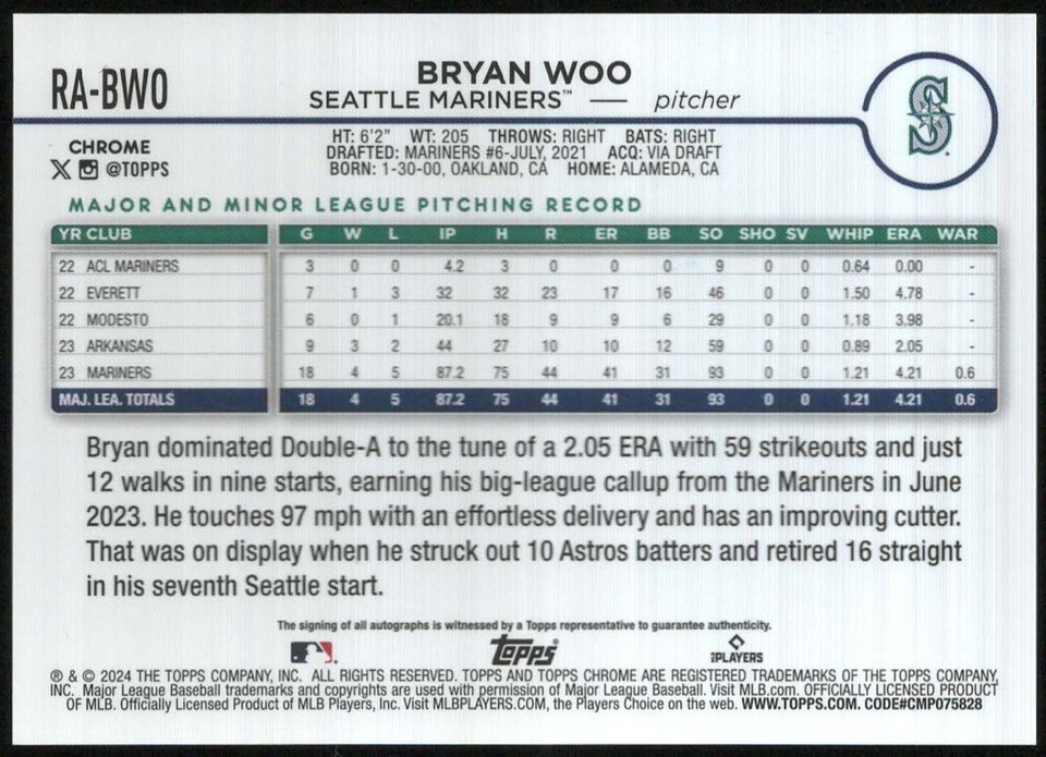 2024 Topps Chrome BRYAN WOO On-Card Autograph Rookie Auto RC #RA-BWO | eBay