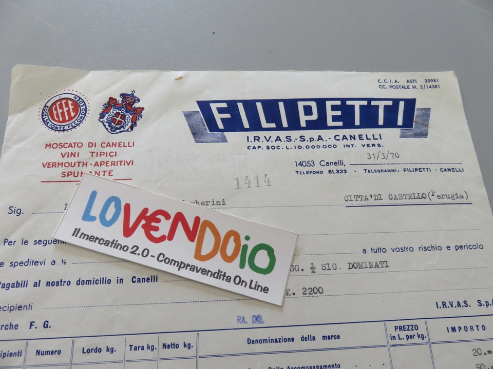 Invoice Company Filipetti Moscato Di Canelli Year 1970 With 4 Stamps ...