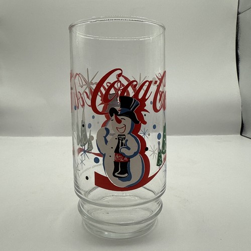 Coca Cola Smiling Snowman Glasses Pair Christmas Trees Holiday Festive ...