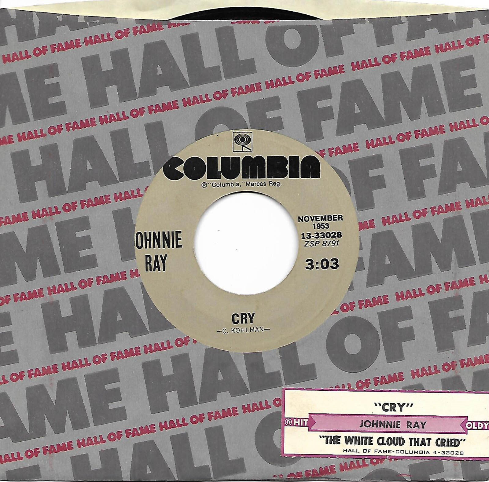 Johnnie Ray, Cry/The White Cloud That Cried , 45 VG+ Nov. 1953 Columbia ...