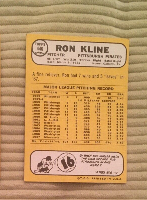 Ron Kline Signed/Autographed Original 1968 Topps #446 Pittsburgh ...