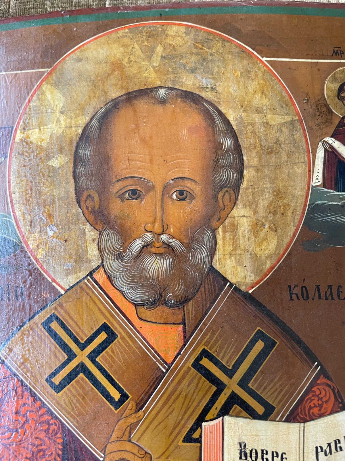 ANTIQUE 1850 HAND PAINTED RUSSIAN ICON OF ST.NICHOLAS with gilded Oklad ...