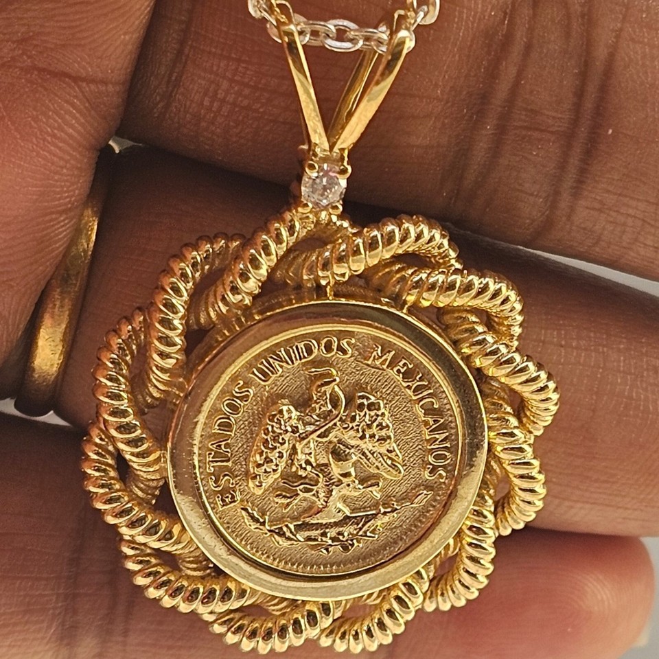 Vintage style 1945 Dos Pesos coin Charm Pendant 14K Yellow Gold Plated ...