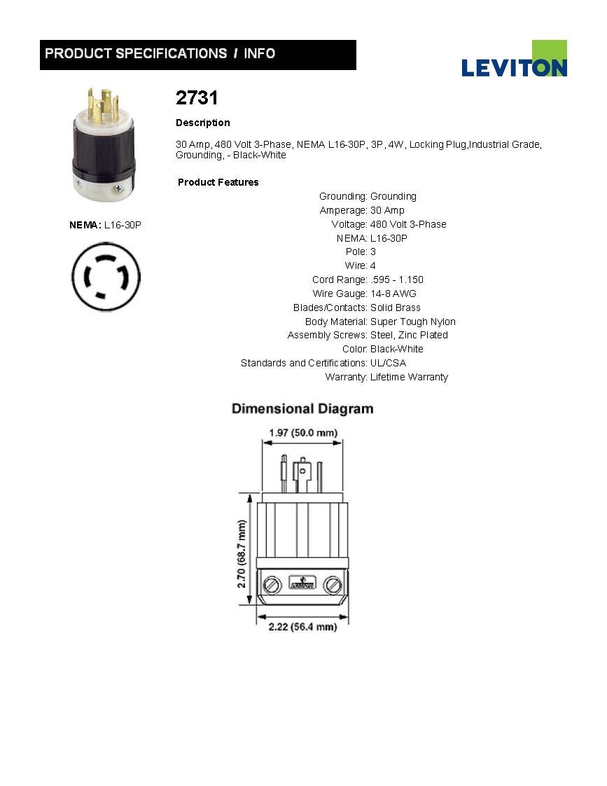 Leviton (or Same) NEMA L14-30, 30 Amp, 3 Phase 480V Twist Lock Plug ...