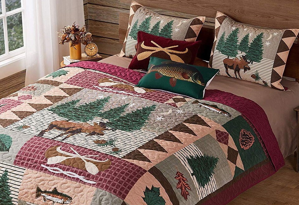 MOOSE LODGE 3pc Full/Queen QUILT SET - BEAR FISH MOOSE PINE CABIN ...