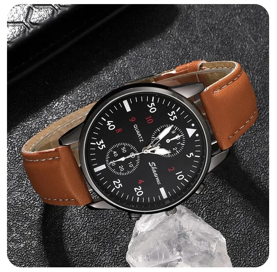 4 pc men's luxury black face sport watch & bracelet set leather strap ...