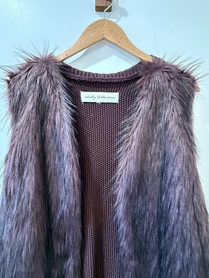 SEBBY COLLECTION Burgundy Faux Fur Front Knit Back Vest Size L Y2K ...