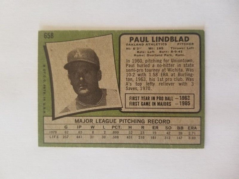 PAUL LINDBLAD 1971 TOPPS BASEBALL CARD #658 OAKLAND ATHLETICS SHORT ...